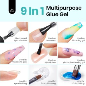 Beetles Gel Polish 9 in 1 Nail Glue with New Formula, 0.5 Fl Oz Super Strong Brush in Nail Gel Glue for False Nails Tips, Rhinestone, Base Gel, Blooming Gel, ect, UV Led Lamp Required