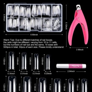 Clear Acrylic Nail Tips, MORGLES 500PCS French Clear Fake Half Cover Clear Nail Tips with Glue Nail File Nail Clipper Cuticle Fork for Nail Art