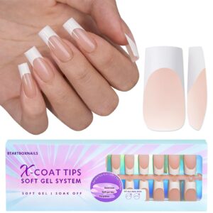 btartboxnails soft gel nail tips - 150pcs long square french tip press on nails nude acrylic nail tips kit fake nails supplies glue on nails extension tips no needed french tip nail tool stamper for professional use