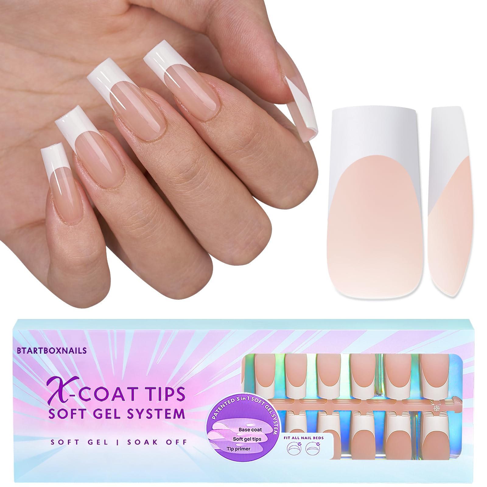 BTArtboxnails Soft Gel Nail Tips - 150pcs Long Square French Tip Press on Nails Nude Acrylic Nail Tips Kit Fake Nails Supplies Glue on Nails Extension Tips No Needed French Tip Nail Tool Stamper for Professional Use