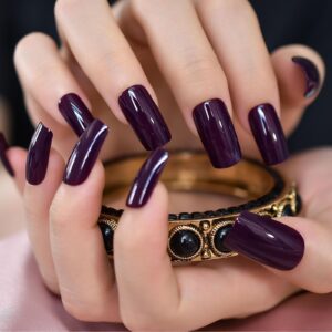 glossy finished dark grapes purple press on false nails medium length squoval women girls nail art tips salon diy manicure reusable acrylic pretty solid color gel fake nails for daily office home