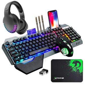 wireless gaming keyboard mouse bluetooth headset kit with 16 rgb backlit rechargeable battery metal mechanical ergonomic waterproof dustproof removable palm rest for laptop pc gamer(rainbow rgb)