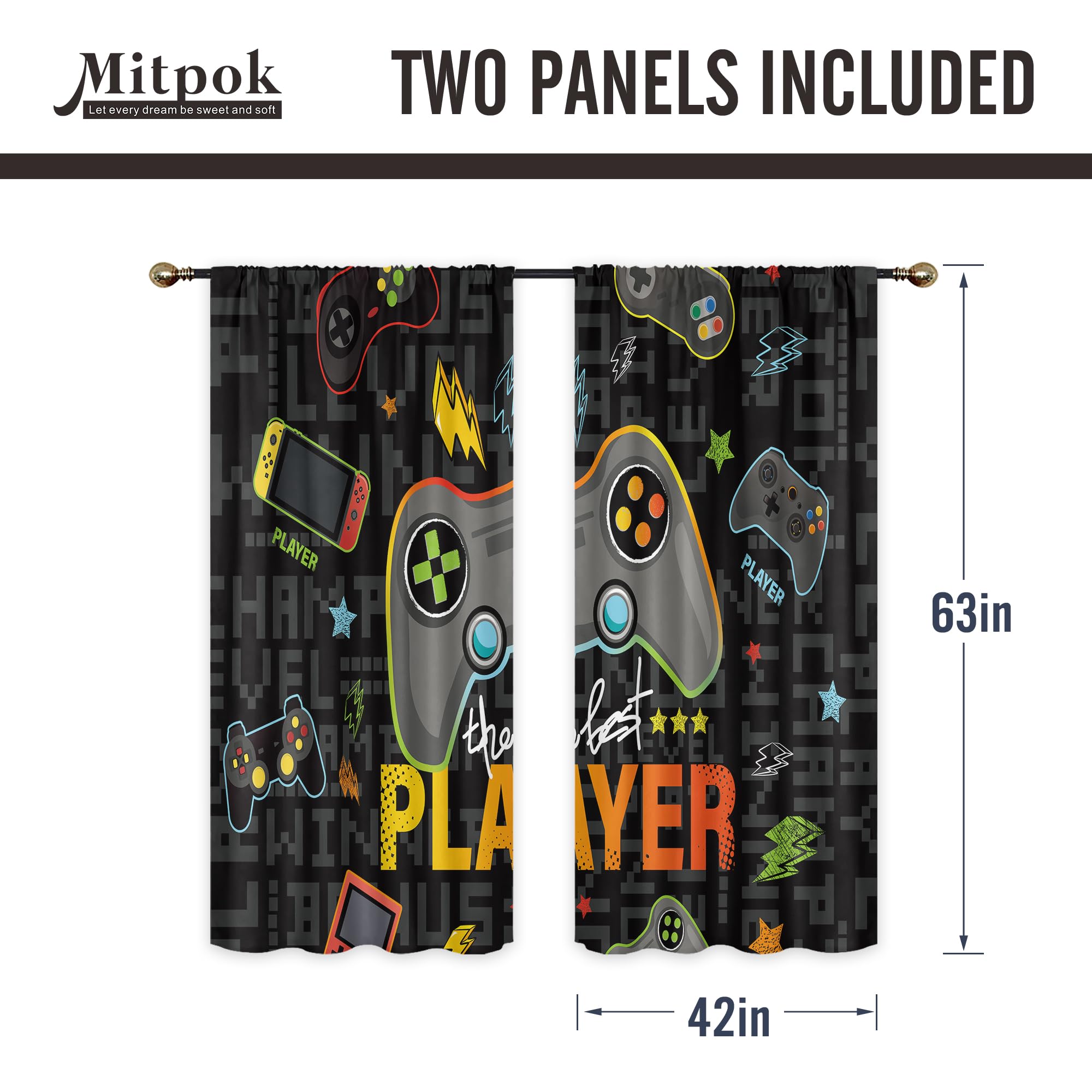 Mitpok Gaming Curtains for Boys Bedroom 42W x 63H Inch Rod Pocket Men Gamer Room Decor Video Games Controller Teens Kids Black Grey Cool Gamepad Window Treatment Set for Living Room Playroom 2 Panels