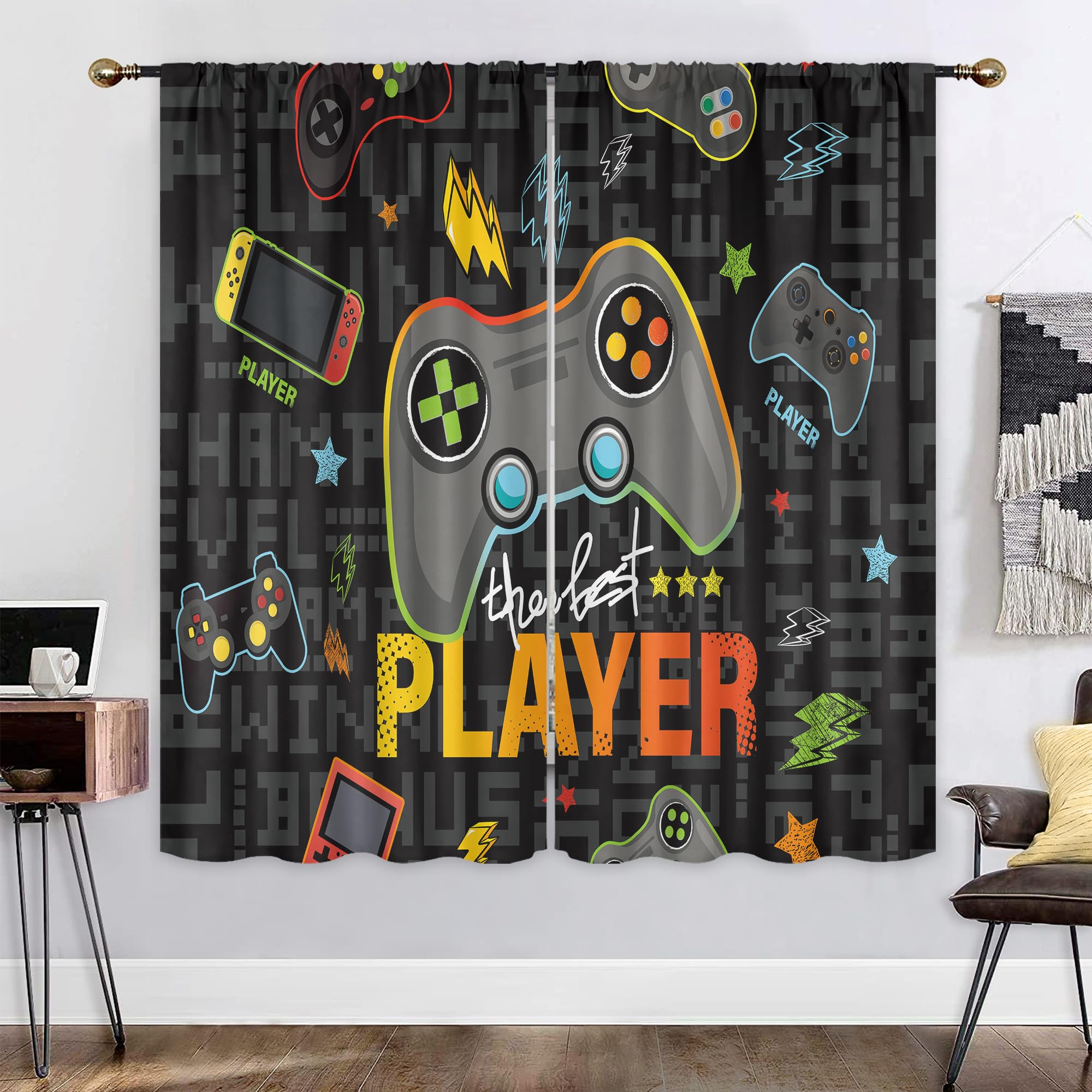 Mitpok Gaming Curtains for Boys Bedroom 42W x 63H Inch Rod Pocket Men Gamer Room Decor Video Games Controller Teens Kids Black Grey Cool Gamepad Window Treatment Set for Living Room Playroom 2 Panels