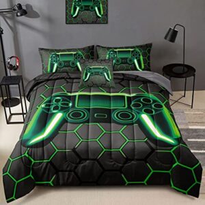 bducok 5 piece gamer comforter sets bed in a bag for boys teen kids,honeycomb gaming bedding sets gamepad comforter microfiber bed set for all season gamer home decor(green, 5 piece sets30021-twin)