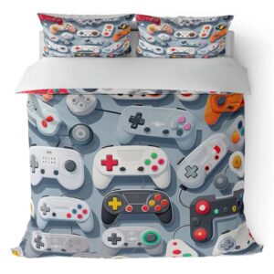 Placitiume Gaming Duvet Cover Set Gaming Bedding Set Videogame Controller Printed with Modern Gamepad Design Quilt Cover Set with 2 Pillowcases Colorful Novelty Bedding Set, No Comforter