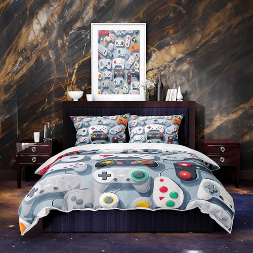 Placitiume Gaming Duvet Cover Set Gaming Bedding Set Videogame Controller Printed with Modern Gamepad Design Quilt Cover Set with 2 Pillowcases Colorful Novelty Bedding Set, No Comforter