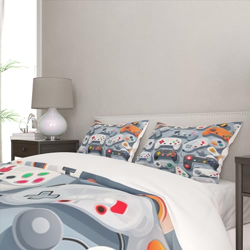 Placitiume Gaming Duvet Cover Set Gaming Bedding Set Videogame Controller Printed with Modern Gamepad Design Quilt Cover Set with 2 Pillowcases Colorful Novelty Bedding Set, No Comforter