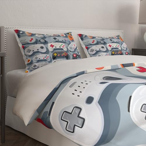 Placitiume Gaming Duvet Cover Set Gaming Bedding Set Videogame Controller Printed with Modern Gamepad Design Quilt Cover Set with 2 Pillowcases Colorful Novelty Bedding Set, No Comforter