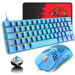 selorss blue 60% true mechanical gaming keyboard and mouse combo,20 rgb chroma backlit type c wired 62 keys mini keyboard,lightweight gaming mouse and mouse pad for gamers and typists