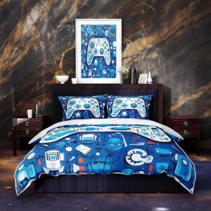 placitiume teen boys gamer comforter cover set - gaming bedding set with gamepad design duvet cover set, video game theme 3 piece set with 2 pillowcases for bedroom bed decor, no comforter