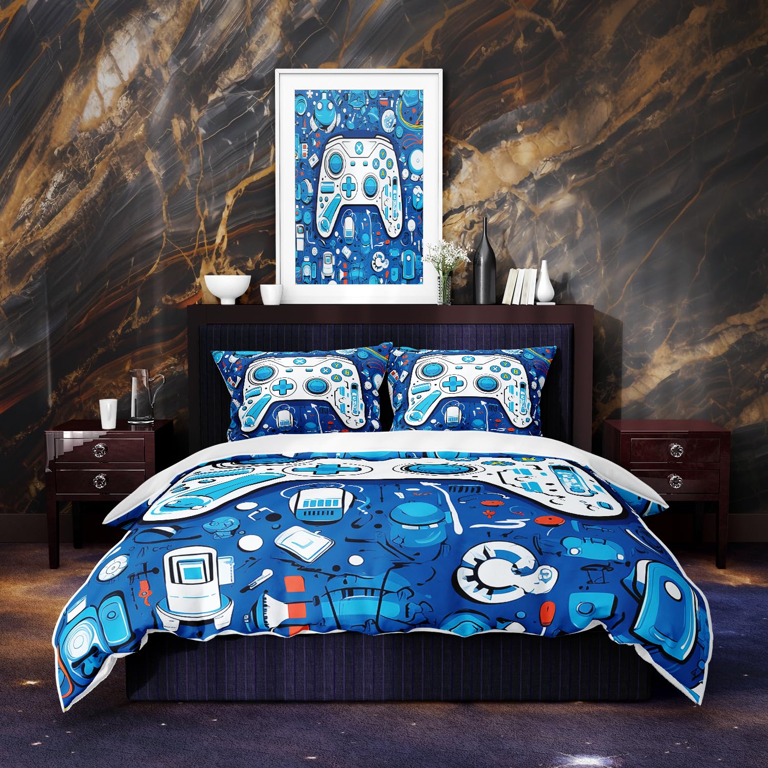 Placitiume Teen Boys Gamer Comforter Cover Set - Gaming Bedding Set with Gamepad Design Duvet Cover Set, Video Game Theme 3 Piece Set with 2 Pillowcases for Bedroom Bed Decor, No Comforter