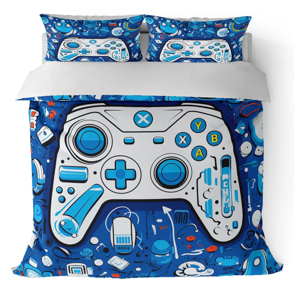 Placitiume Teen Boys Gamer Comforter Cover Set - Gaming Bedding Set with Gamepad Design Duvet Cover Set, Video Game Theme 3 Piece Set with 2 Pillowcases for Bedroom Bed Decor, No Comforter