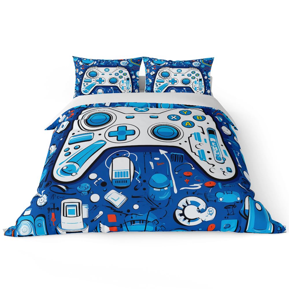 Placitiume Teen Boys Gamer Comforter Cover Set - Gaming Bedding Set with Gamepad Design Duvet Cover Set, Video Game Theme 3 Piece Set with 2 Pillowcases for Bedroom Bed Decor, No Comforter