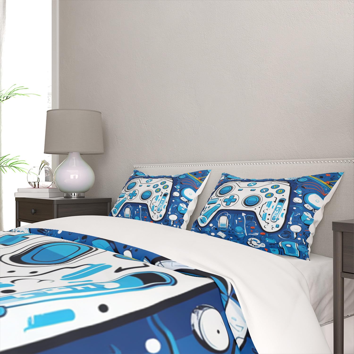 Placitiume Teen Boys Gamer Comforter Cover Set - Gaming Bedding Set with Gamepad Design Duvet Cover Set, Video Game Theme 3 Piece Set with 2 Pillowcases for Bedroom Bed Decor, No Comforter