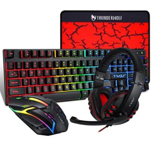 t-wolf gaming combo tf800 keyboard/mouse/headphone/mouse pad wired led rgb backlight bundle for pc gamers users - 4 in 1, black