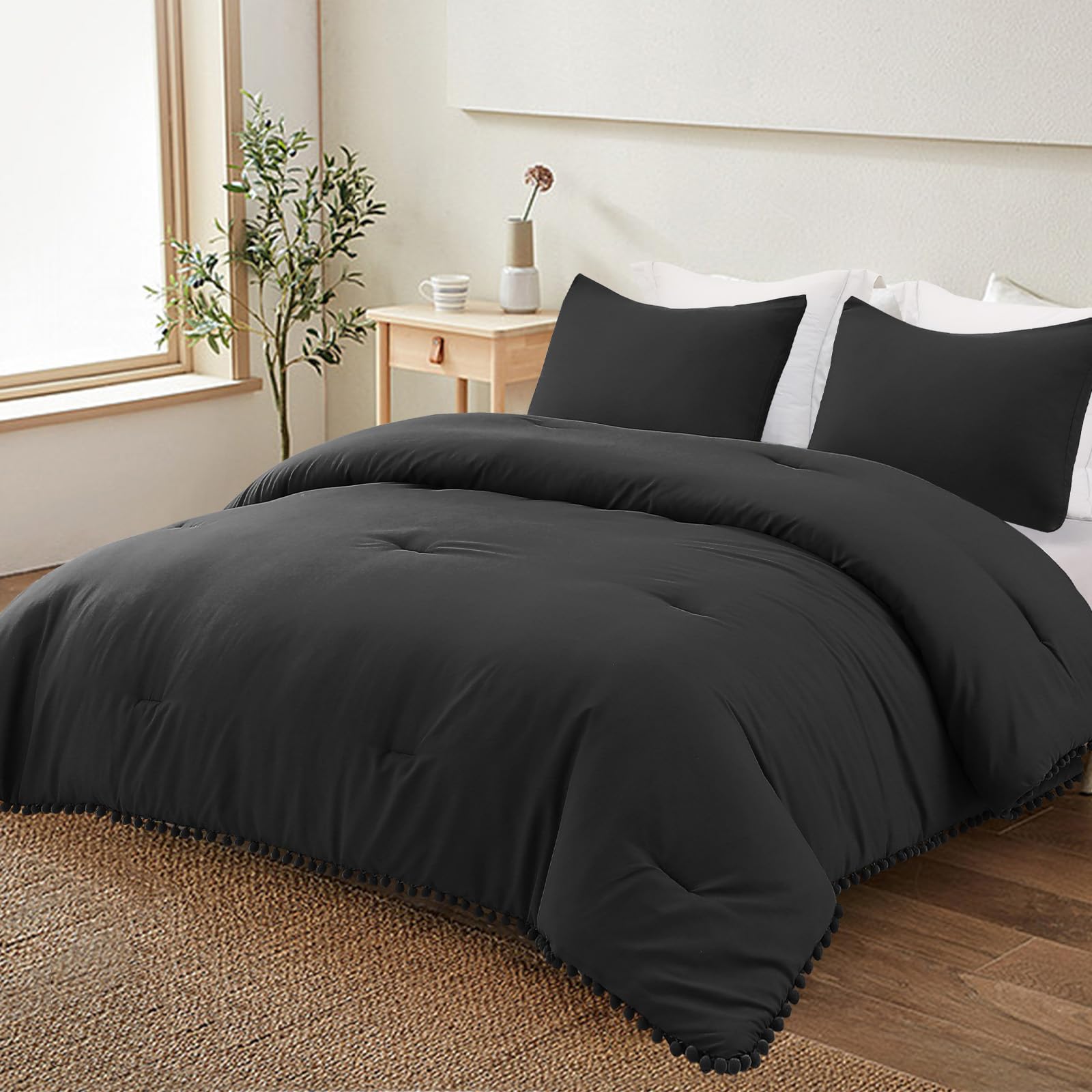 Exclusivo Mezcla Boho Pom Pom Ball Fringe Queen Comforter Set, 3 Piece Black Lightweight Down Alternative Bedding Comforter Sets for All Seasons (1 Comforter and 2 Pillowcases)