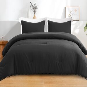 Exclusivo Mezcla Boho Pom Pom Ball Fringe Queen Comforter Set, 3 Piece Black Lightweight Down Alternative Bedding Comforter Sets for All Seasons (1 Comforter and 2 Pillowcases)