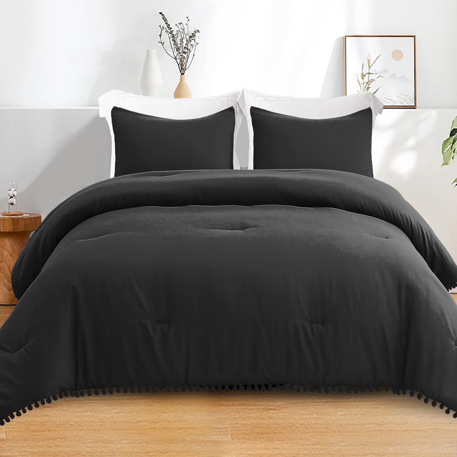 Exclusivo Mezcla Boho Pom Pom Ball Fringe Queen Comforter Set, 3 Piece Black Lightweight Down Alternative Bedding Comforter Sets for All Seasons (1 Comforter and 2 Pillowcases)