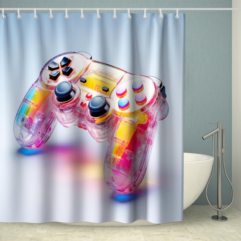 OTRANTO Teen Gaming Shower Curtain Gamer Gift for Boys Game Room Decor Kids Girls Youth Man Video Games Theme Brown Bathroom Decor Set Machine Washable Waterproof Fabric 72 x 72 Include Hooks