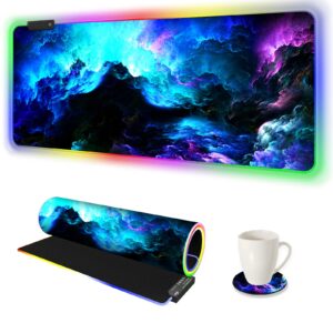 artso rgb gaming mouse pad large, extended led mouse mat xxl 35.4x15.7 inch, 14 lighting modes, 2 brightness, non-slip rubber base mousepad waterproof keyboard mat,fantasy nebula sky