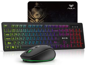 aula wireless keyboard and mouse combo, rgb backlit, rechargeable & 2.4ghz quiet wireless gaming keyboard mouse, full-size ergonomic keyboard mouse & mousepad combo for pc, windows and mac