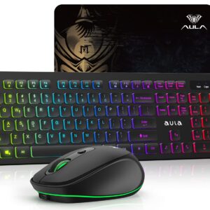 AULA Wireless Keyboard and Mouse Combo, RGB Backlit, Rechargeable & 2.4GHz Quiet Wireless Gaming Keyboard Mouse, Full-Size Ergonomic Keyboard Mouse & Mousepad Combo for PC, Windows and Mac