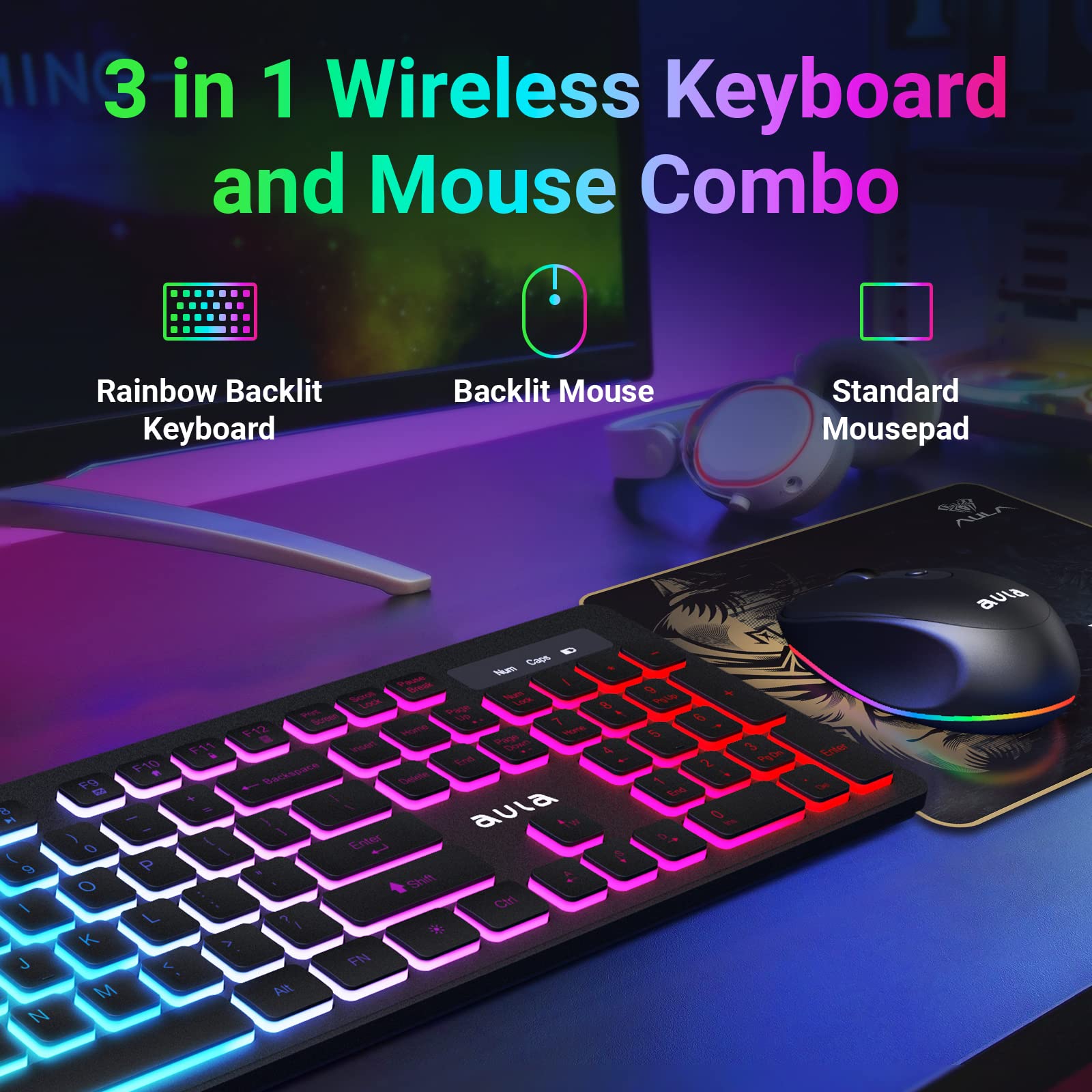 AULA Wireless Keyboard and Mouse Combo, RGB Backlit, Rechargeable & 2.4GHz Quiet Wireless Gaming Keyboard Mouse, Full-Size Ergonomic Keyboard Mouse & Mousepad Combo for PC, Windows and Mac