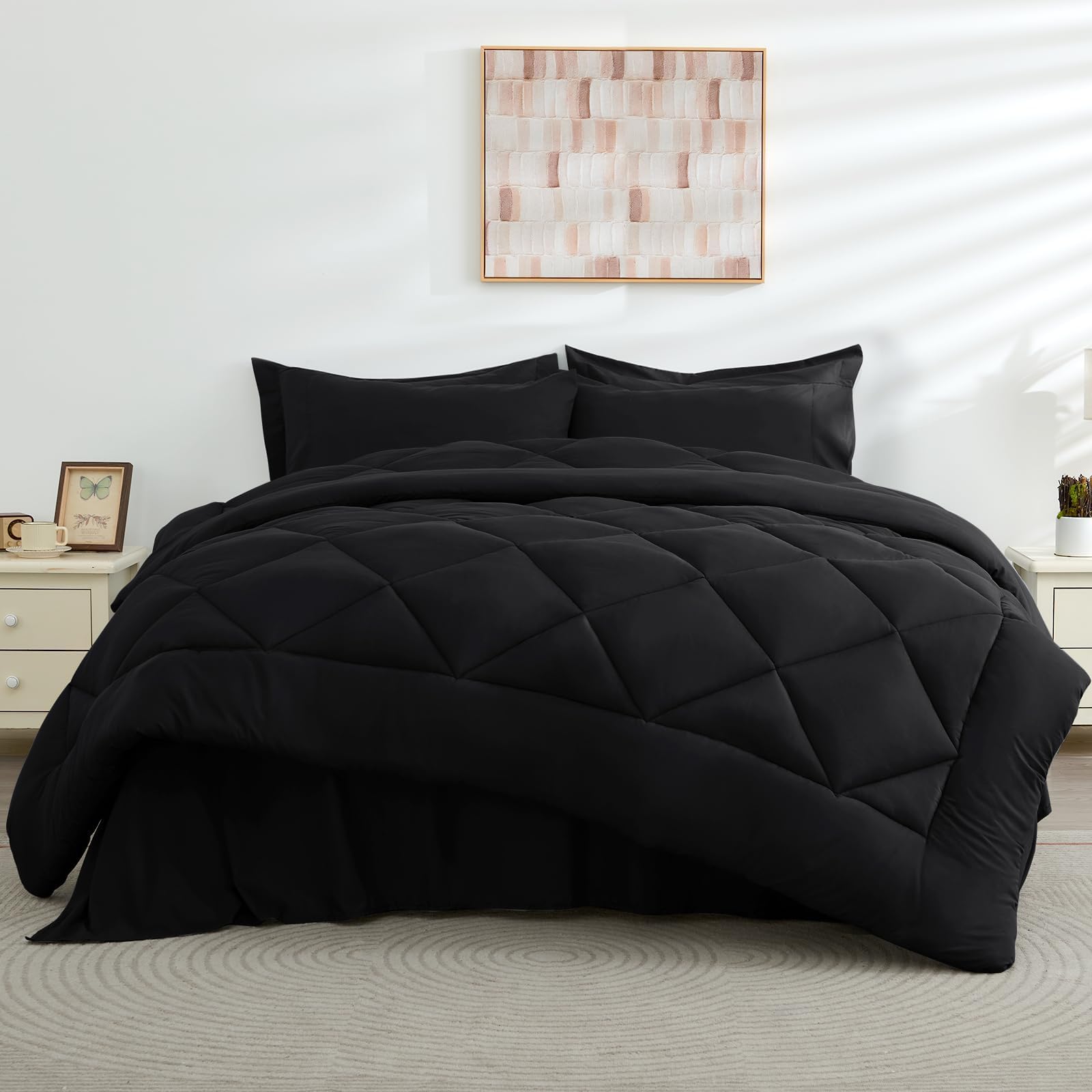 HEVUMYI Queen Comforter Set 7 Pieces, All Season Black Bed in a Bag for Bedroom, Hypoallergenic Ultra Soft Bedding Sets Queen with Black Comforter, Flat Sheet, Fitted Sheet, Pillowcases & Pillow Shams