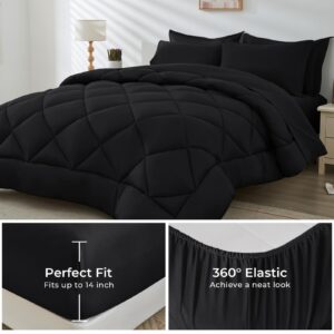 HEVUMYI Queen Comforter Set 7 Pieces, All Season Black Bed in a Bag for Bedroom, Hypoallergenic Ultra Soft Bedding Sets Queen with Black Comforter, Flat Sheet, Fitted Sheet, Pillowcases & Pillow Shams