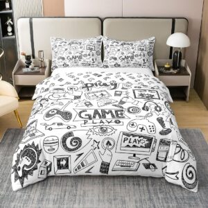 reversible 100% cotton gaming comforter cover full, kids gamepad cartoon bedding set, video games gamers duvet cover, hip hop graffiti quilt cover, racing car bedspread cover comfy, black white