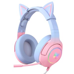 phnixgam gaming headset for ps4, ps5, xbox one(no adapter), cat ear headphones with noise cancelling microphone, rgb backlight, surround sound for pc, mobile phone, gradient pink blue