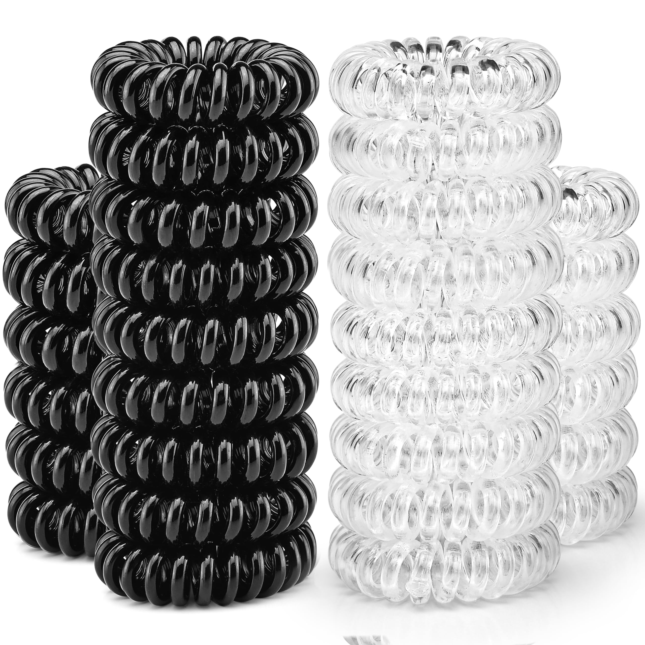 TailaiMei 30 Pcs Spiral Hair Ties, No Crease Coil Hair Ties, Phone Cord Hair Ties for Thick Hair - Women Ponytail Holder Elastics(Black&Transparent)