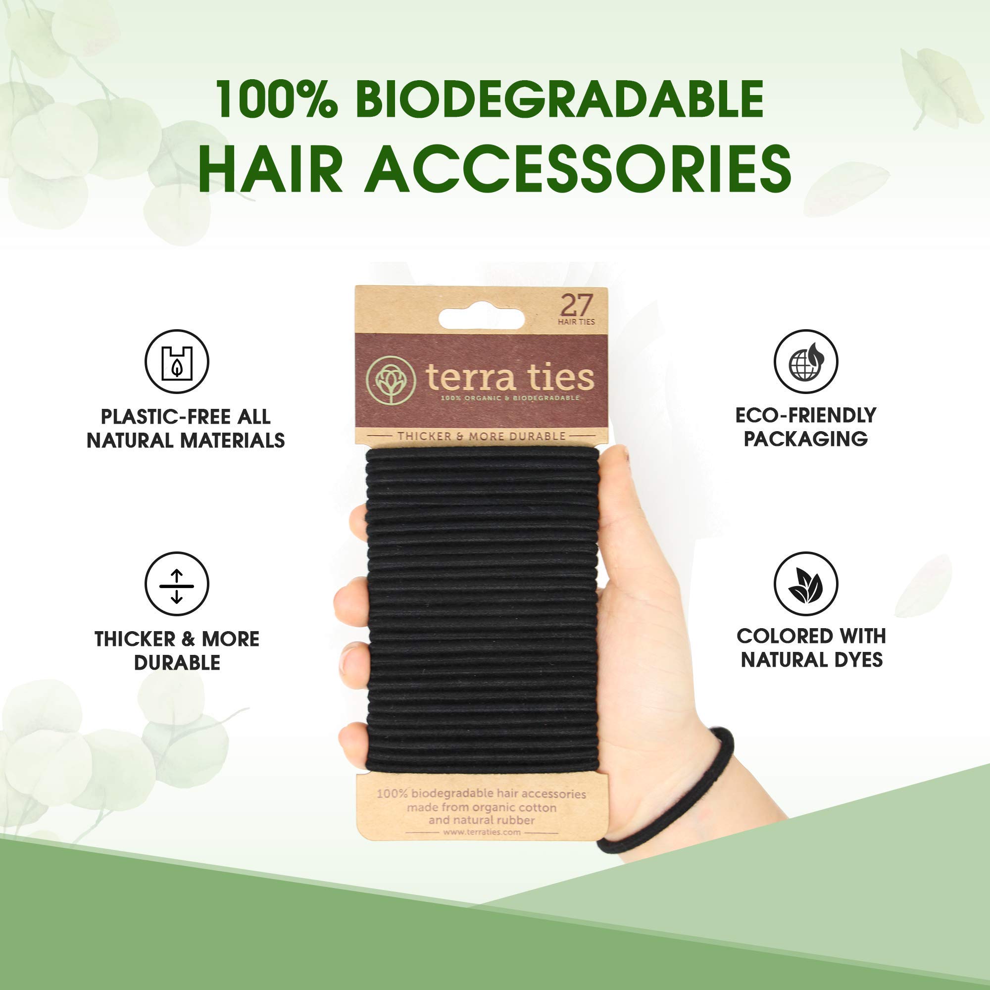 BIODEGRADABLE Elastic Hair Ties for Women & Men - Organic No Crease Black Hair Tie Ponytail Holders and Hairties for Buns - Plastic Free Hairbands for Women and Mens Hair - 5mm (27 count)