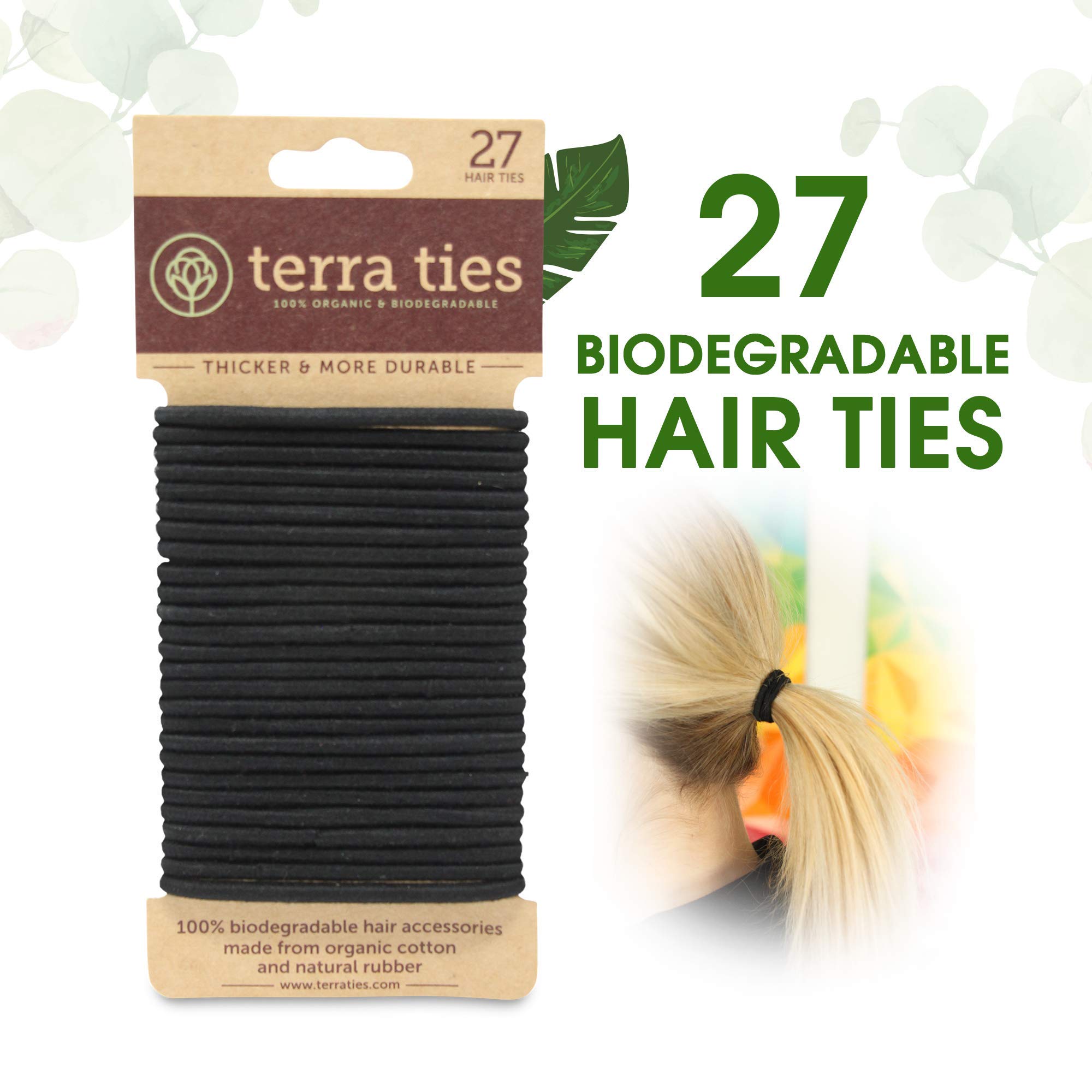 BIODEGRADABLE Elastic Hair Ties for Women & Men - Organic No Crease Black Hair Tie Ponytail Holders and Hairties for Buns - Plastic Free Hairbands for Women and Mens Hair - 5mm (27 count)