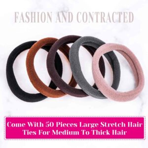 Anezus 50 Pcs Thick Black Hair Ties Large Hair Elastics Bulk Hair Ties Stretch Hair Bands Ponytail Holders for Thick Heavy and Curly Hair, Neutral Colors