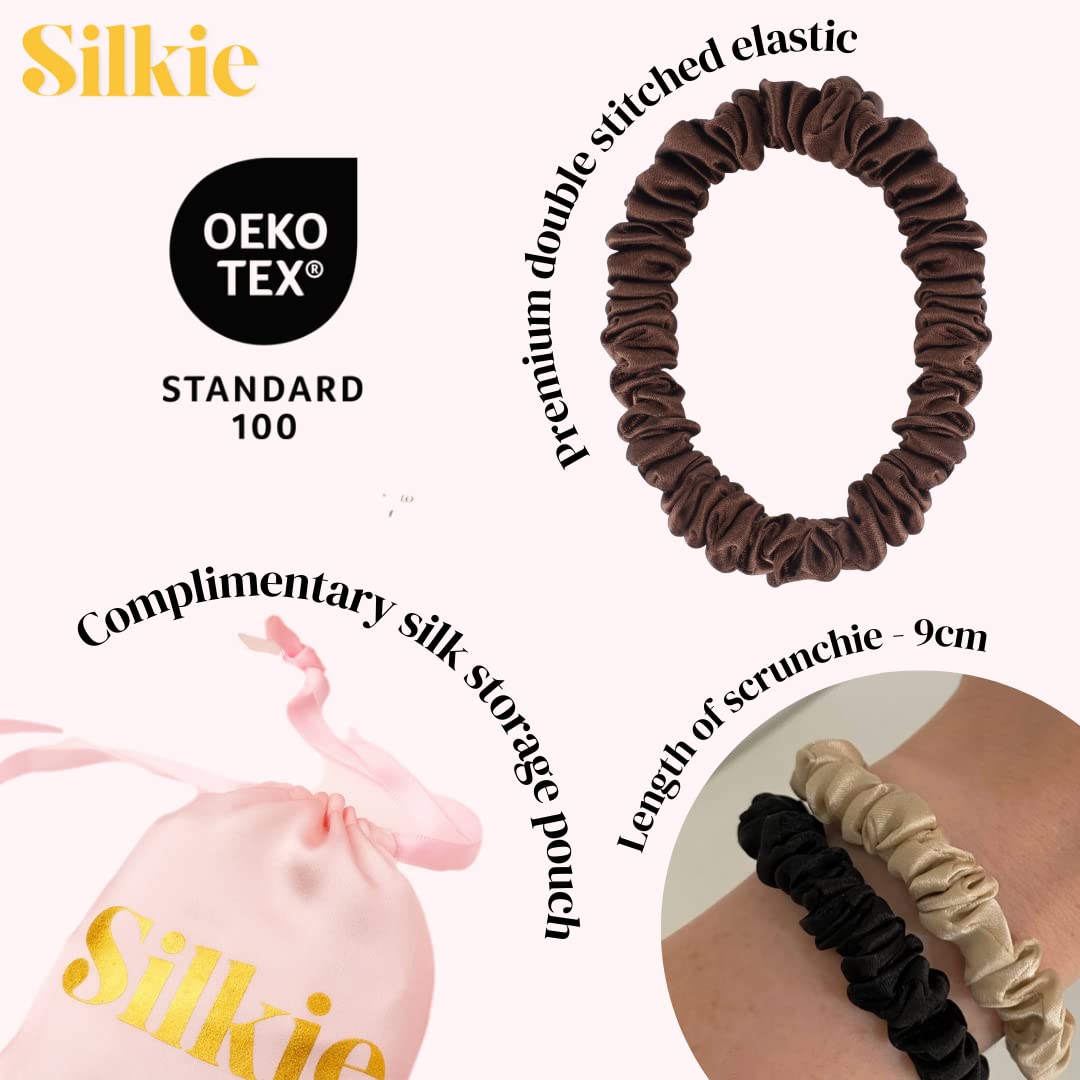 SILKIE x4 Set 100% Pure Mulberry Silk Black Brown Chocolate Pink Nude Neutral Skinny Scrunchies Travel Pouch Everyday Hair Ties Elastics Hair Care Ponytail Holder No Damage (Champagne)