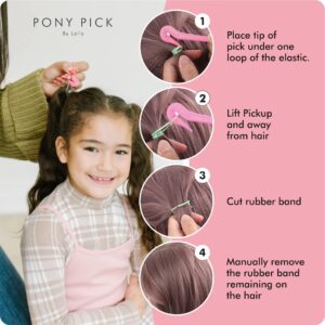 THE PONY PICK Elastic Rubber Bands Cutter for Hair - Elastic Hair Band Remover - Pain Free - Easy Removal - 3 Pack of Pink Pony Picks & 50 Colored Hair Elastics