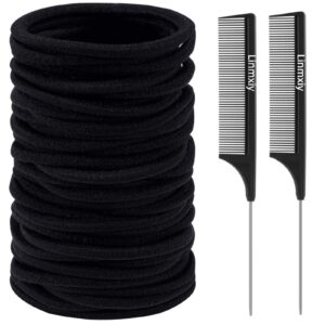 black hair ties for women-4mm-60 count, natural rubber elastic hair bands no damage, 2 metal stainless steel pin rat tail combs, ponytail holders for women's, men and girls for medium to thick hair.