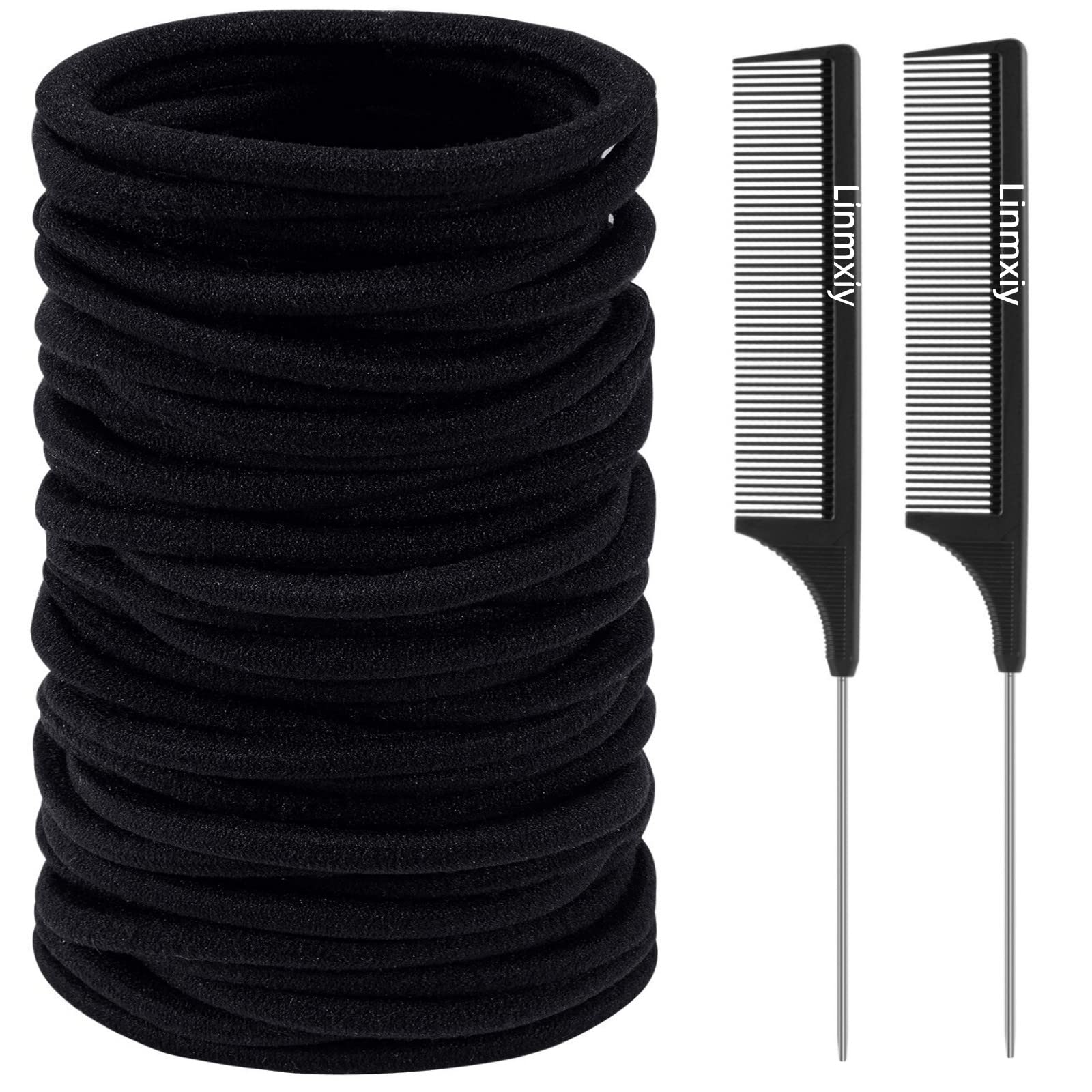 Black Hair Ties for Women-4mm-60 Count, Natural Rubber Elastic Hair Bands No Damage, 2 Metal Stainless Steel Pin Rat Tail Combs, ponytail holders for Women's, Men And Girls for Medium to Thick Hair.