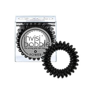 invisibobble power traceless spiral hair ties - pack of 3 true black - strong elastic grip coil hair accessories for active women - no kink, non soaking - gentle for girls teens and thick hair