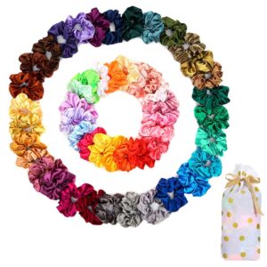 50 satin hair scrunchies in multiple colors - silk accessories for curly hair, teens and girls - with gift bag