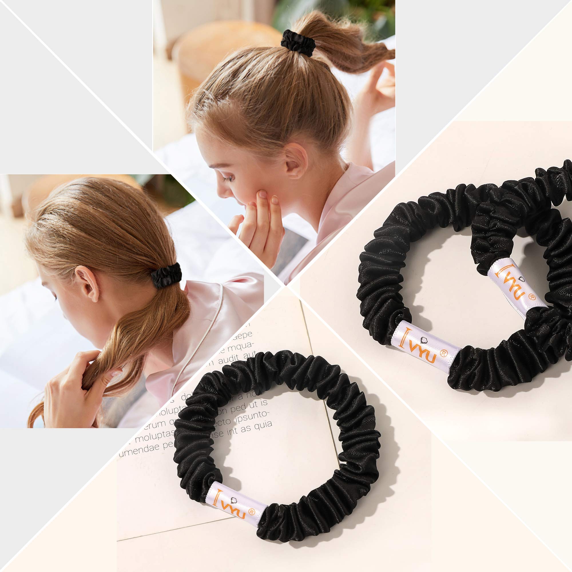 Hair Ties Silk Satin Scrunchies - Small Mini Thin Elestics Ponytail Holder Hair Bands Skinny Scrunchy For Thick Curl Hair No Crease Hair Ties Soft Accessories No Hurt Your Hair for Women and Girls (Black)