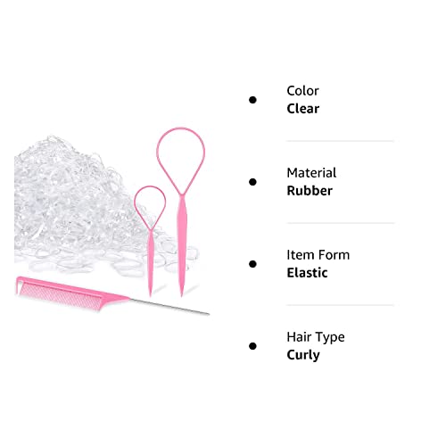 TsMADDTs Clear Small Rubber Elastics with Hair Loop Styling Tool Set,1000pcs Rubber Hair Ties 2Pcs French Braid Tool Loop 1Pcs Rat Tail Combs for Braiding Styling,Pink