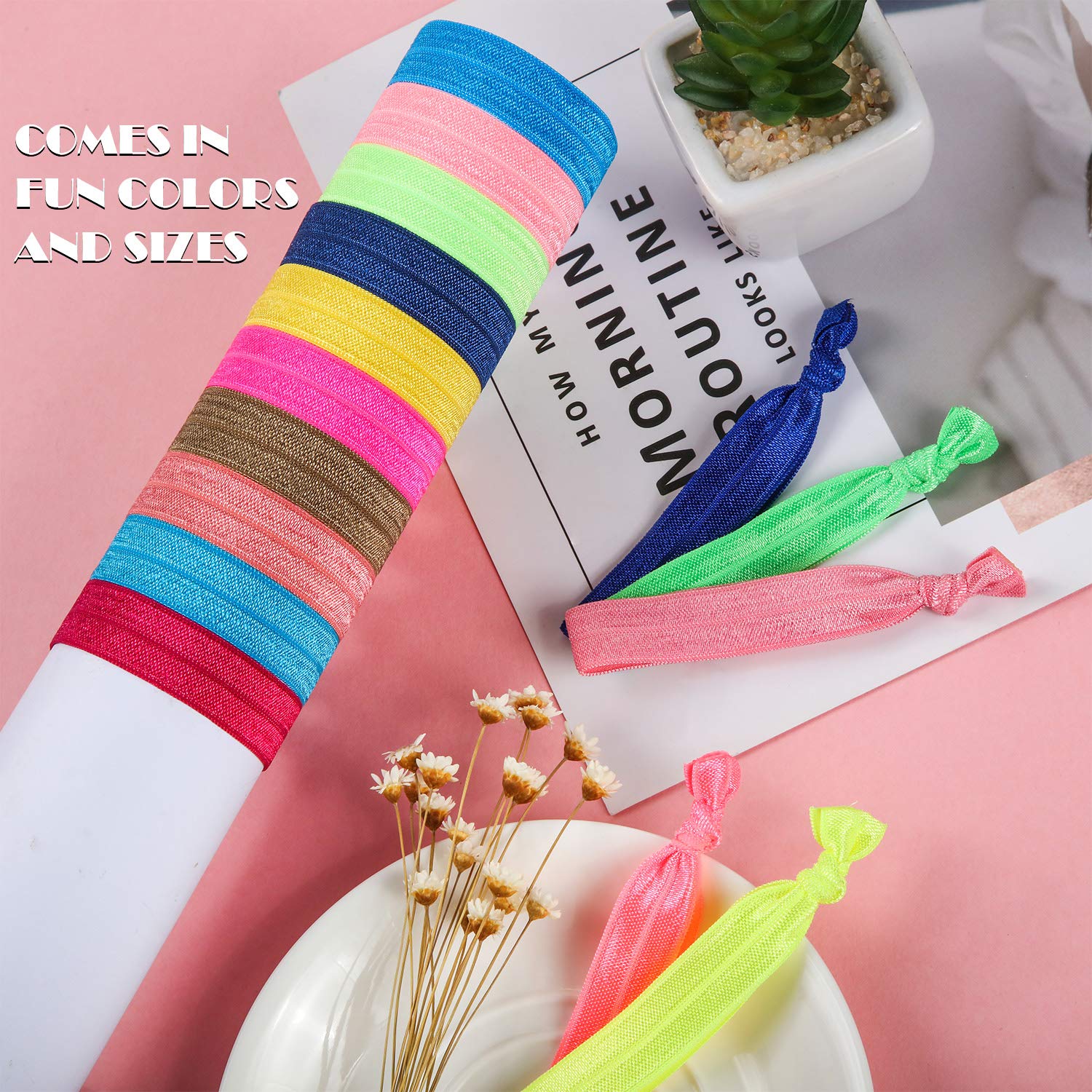 200 Pieces Elastic Knotted Hair Ties Colorful Ribbon Hair Bands No Crease Ponytail Holders Multicolor Fold Over Hair Accessories for Women Girls