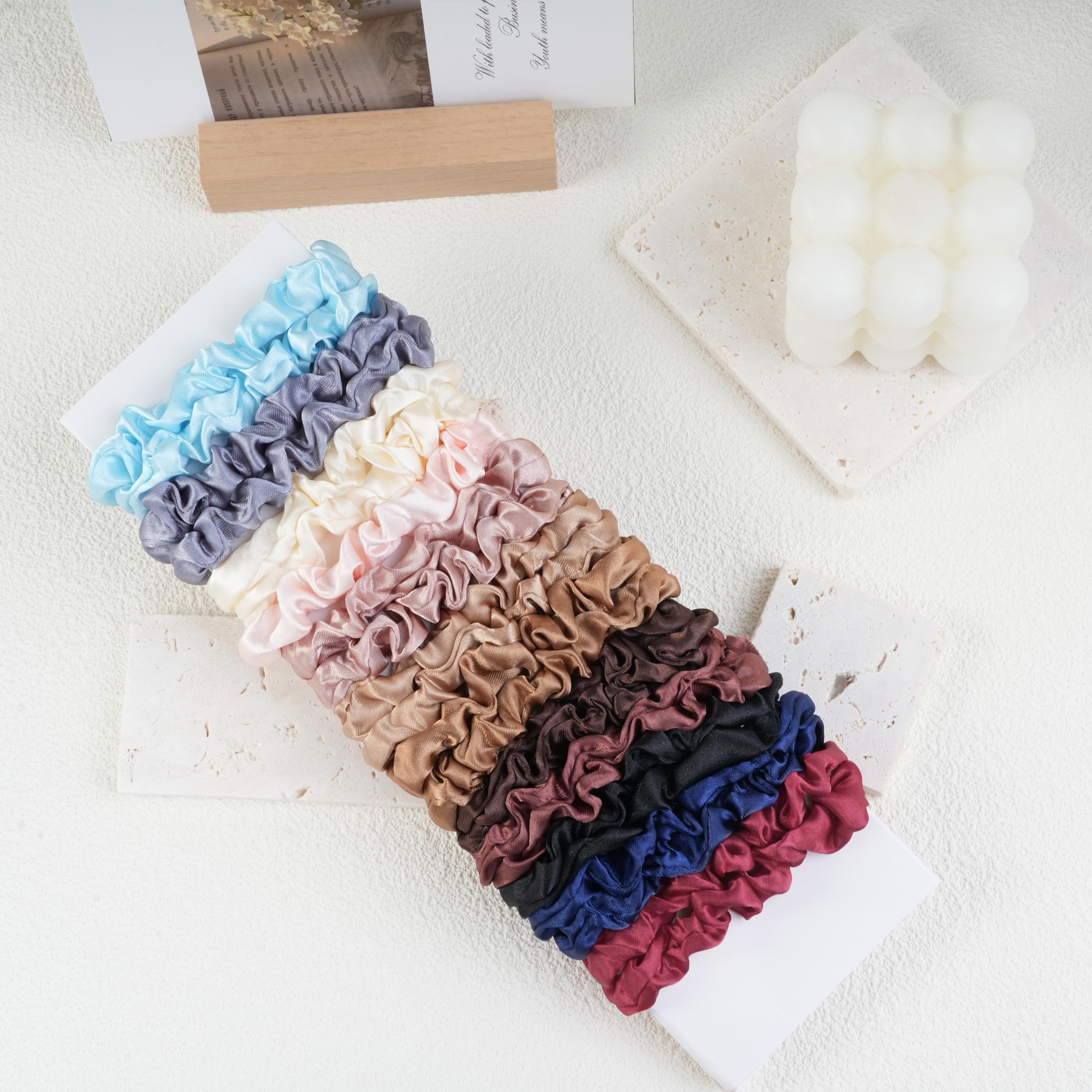 Silk Hair Scrunchies, 24 Pcs Silk Hair Ties, Soft Silk Scrunchies for Hair Elastics Ponytail Holders, Satin Scrunchies for Women Curly Thick Thin Hair