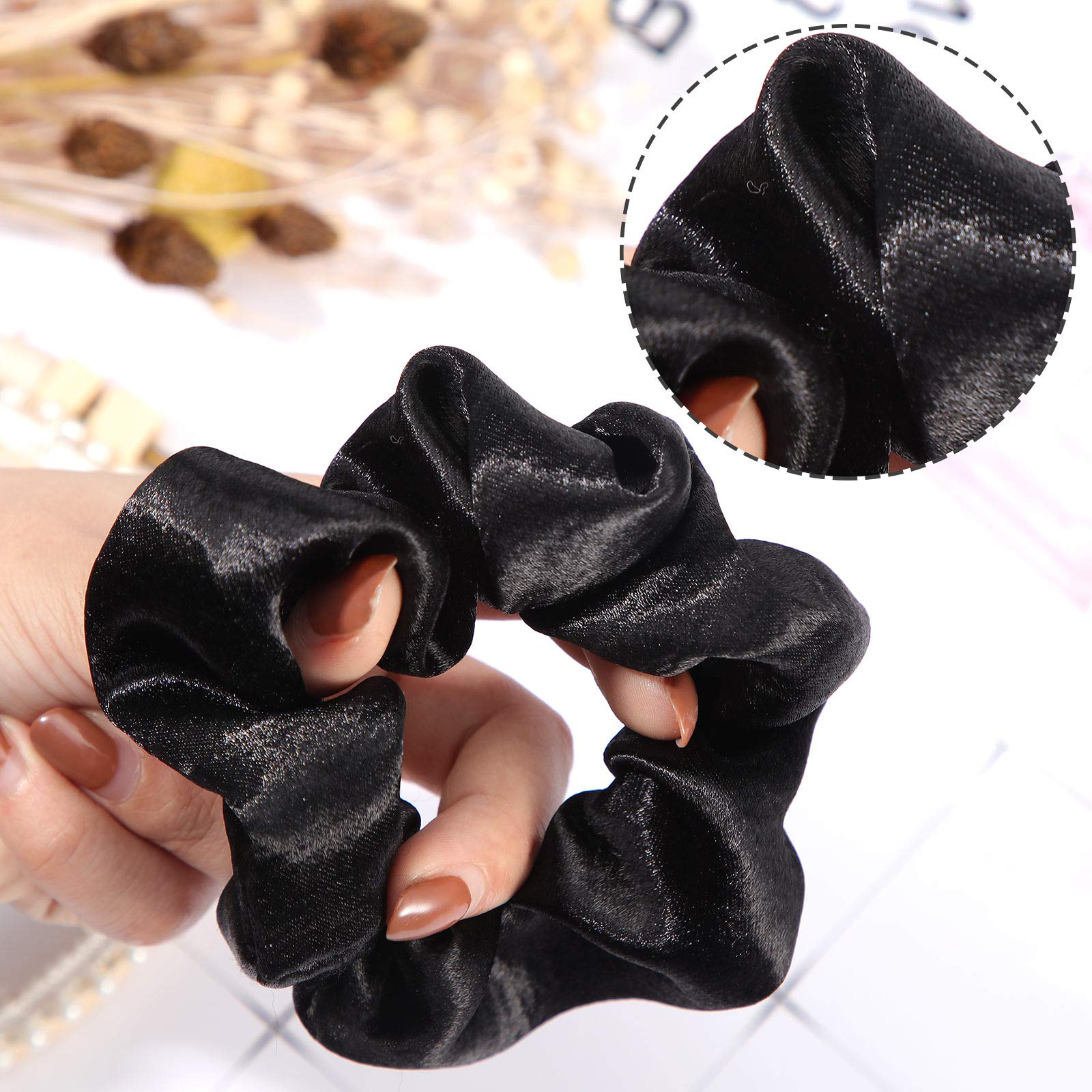 24 Pieces Satin Hair Scrunchies Silky Elastic Bands Skinny Solid Hair Ties Ropes Ponytail Holder for Women Girls Hair Accessories Decorations, 2 Sizes (Black)