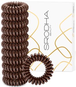 srodha beauty spiral hair bands | 12 piece pack plastic cord hair ties | strong hold waterproof | invisible hairbands no damage bobbles for women girls | thick thin straight (brown)