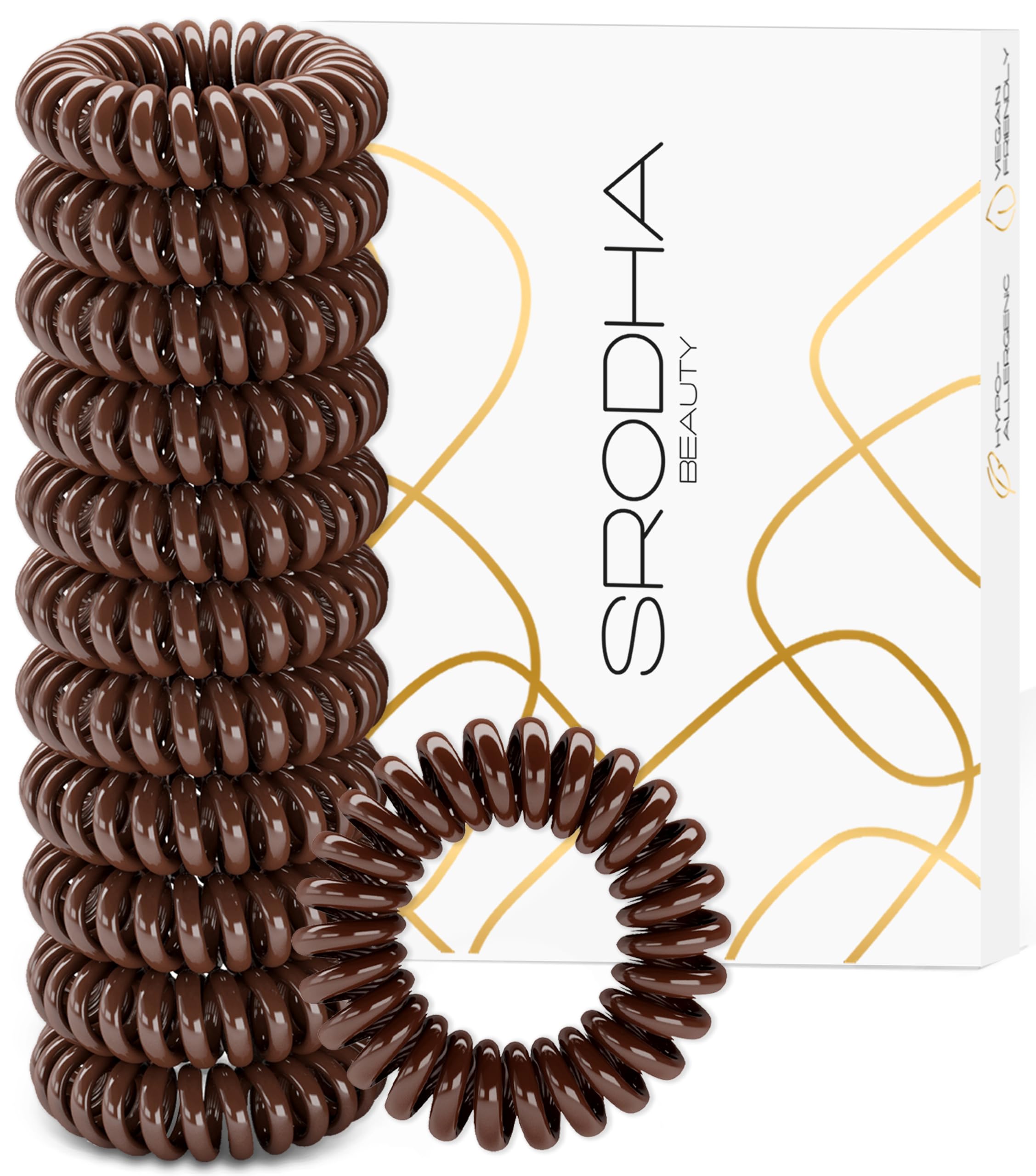 SRODHA Beauty Spiral Hair Bands | 12 Piece Pack Plastic Cord Hair Ties | Strong Hold Waterproof | Invisible Hairbands No Damage Bobbles for Women Girls | Thick Thin Straight (Brown)