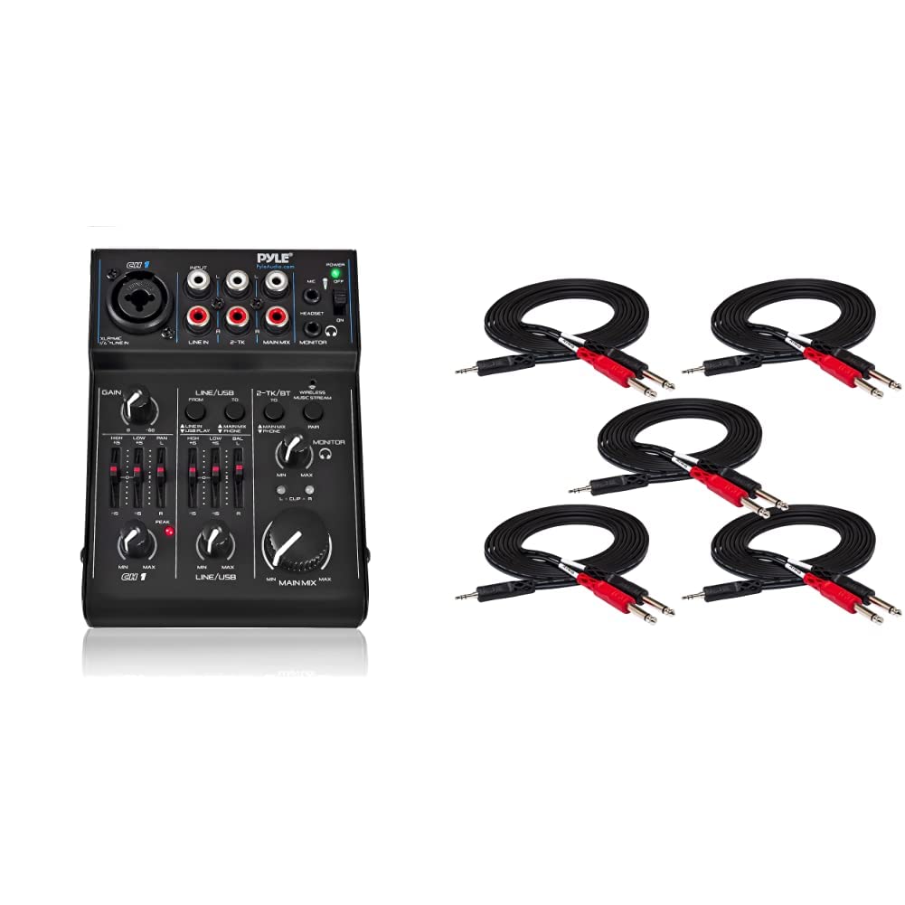 Pyle 3 Channel Bluetooth Audio Mixer with Hosa 3.5mm to Dual 1/4'' TS Breakout Cables